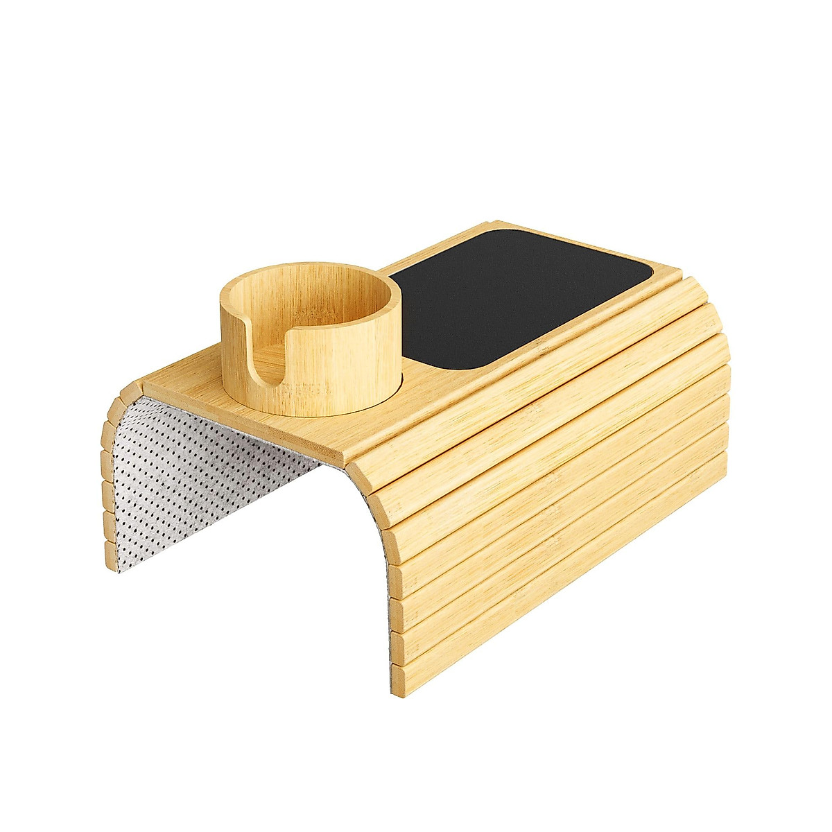 BS-VOG Couch Cup Holder, Bamboo Couch Arm Tray with 360° Rotating Drink Holder, Foldable Anti-slip Couch Arm Table, Sofa Armrest Tray Clip on Wide Couches for Eating, Snacks, Remote, No Installation