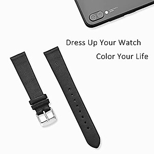 WOCCI 14mm Lug Width, Elegant Watch Band, Genuine Leather Replacement Strap with Silver Buckle (Black)