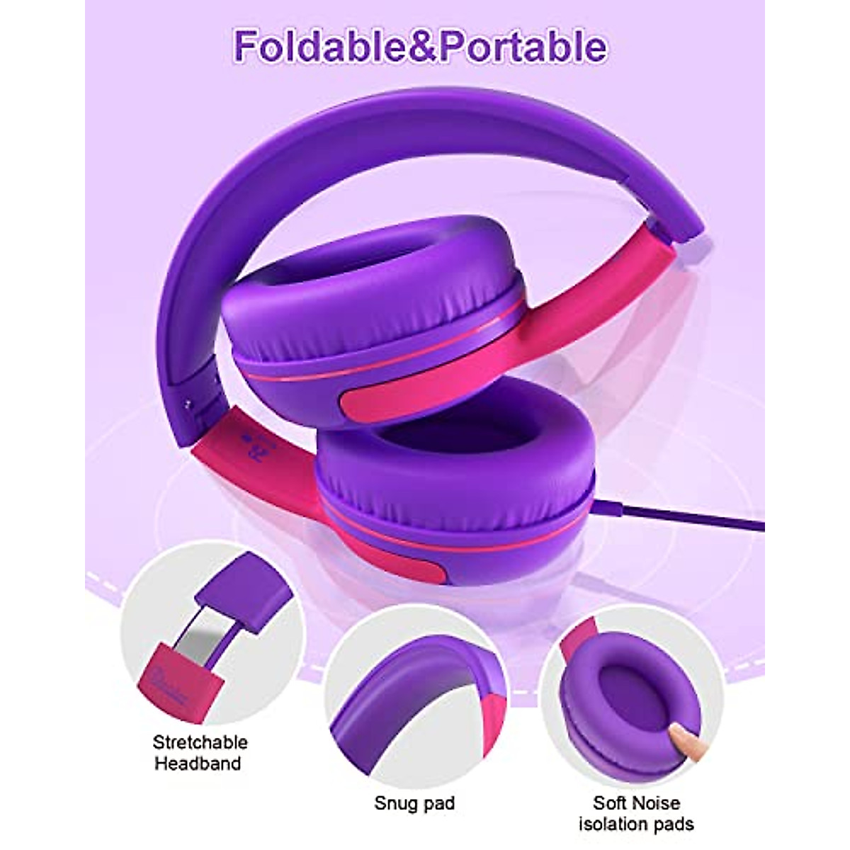 ELECDER Kids Headphones, S8 Wired Headphones for Kids with Microphone for Boys Girls, Adjustable 85dB/94dB Volume Limited, 3.5 mm Jack for School/Kindle/Smartphones/Tablet/Airplane Travel(Purple/Red)