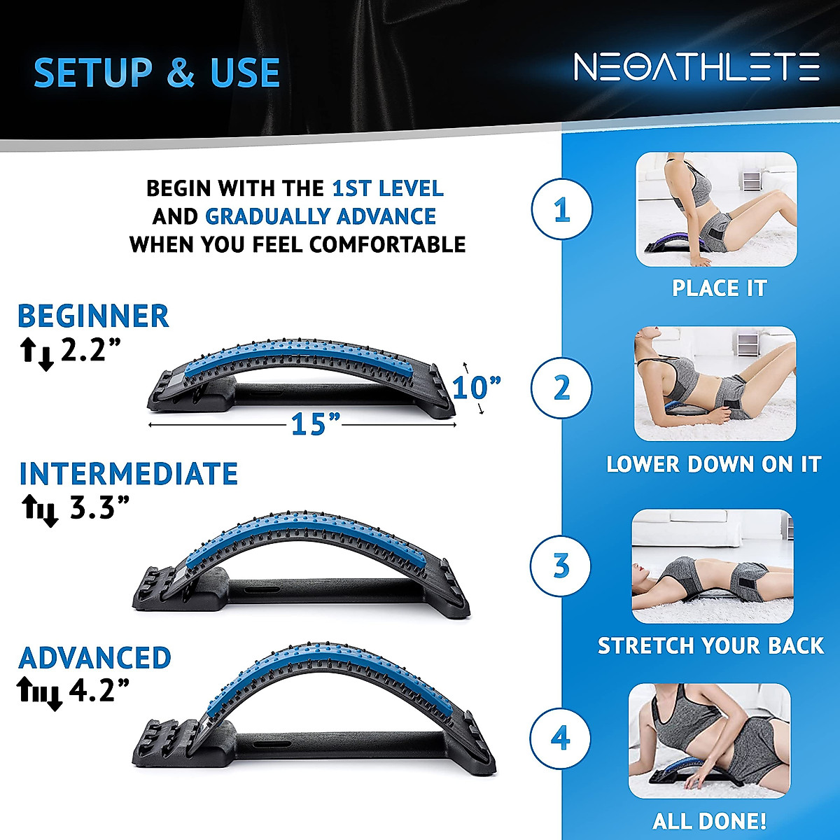 NEOATHLETE Back Cracker - Extra Silicone Pad and Chair Strap for Office Chair - Helps with Sciatica Pain Relief, Lower Back Pain Relief - Lumbar Back Stretcher - Spine Deck Board - Spine Corrector