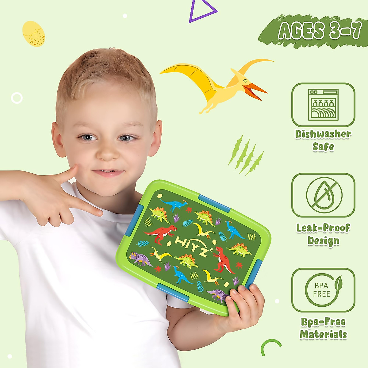 HiYZ Dinosaur Bento Box for Kids, Kids Lunch Box with 5-Compartment, Kids Bento Lunch Box for Ages 3-7, Leak-Proof, Durable, Lunch Box Containers for Kid Back to School Meals, Snack Packing, Travel