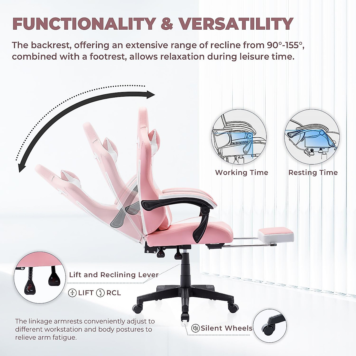 YAMOBO Gaming Chair with Footrest, Ergonomic Computer Gaming Chair with Massage Lumbar Support, High Back PC Gamer Chair for Adults with Linkage Armrests, Reclining Big and Tall Gaming Chair, Pink