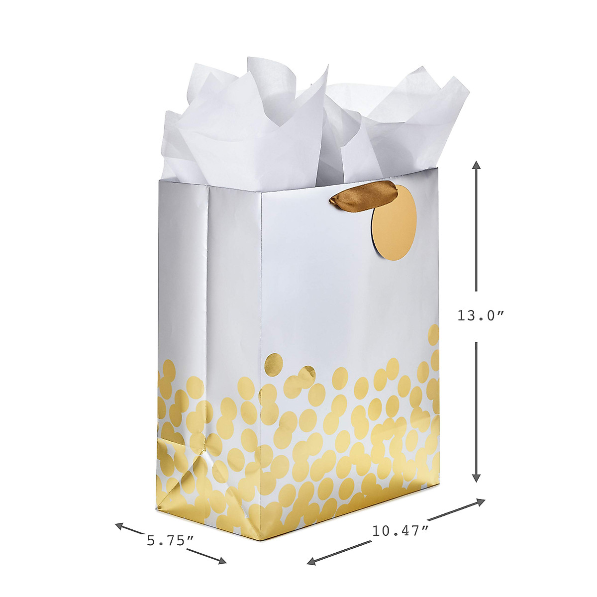 Hallmark 13" Large Gift Bag with Tissue Paper (Gold Foil Dots on Silver) for Graduations, Engagements, Bridal Showers, Weddings, Valentines Day, Holidays, Christmas, Any Occasion