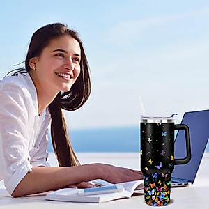 thmasamwr Butterfly Tumbler with Lid and Straw, Stainless Steel 40oz Tumbler with Handle, Butterfly Travel Coffee Mug Water Bottle, Butterfly Gifts Cups for Women and Girls