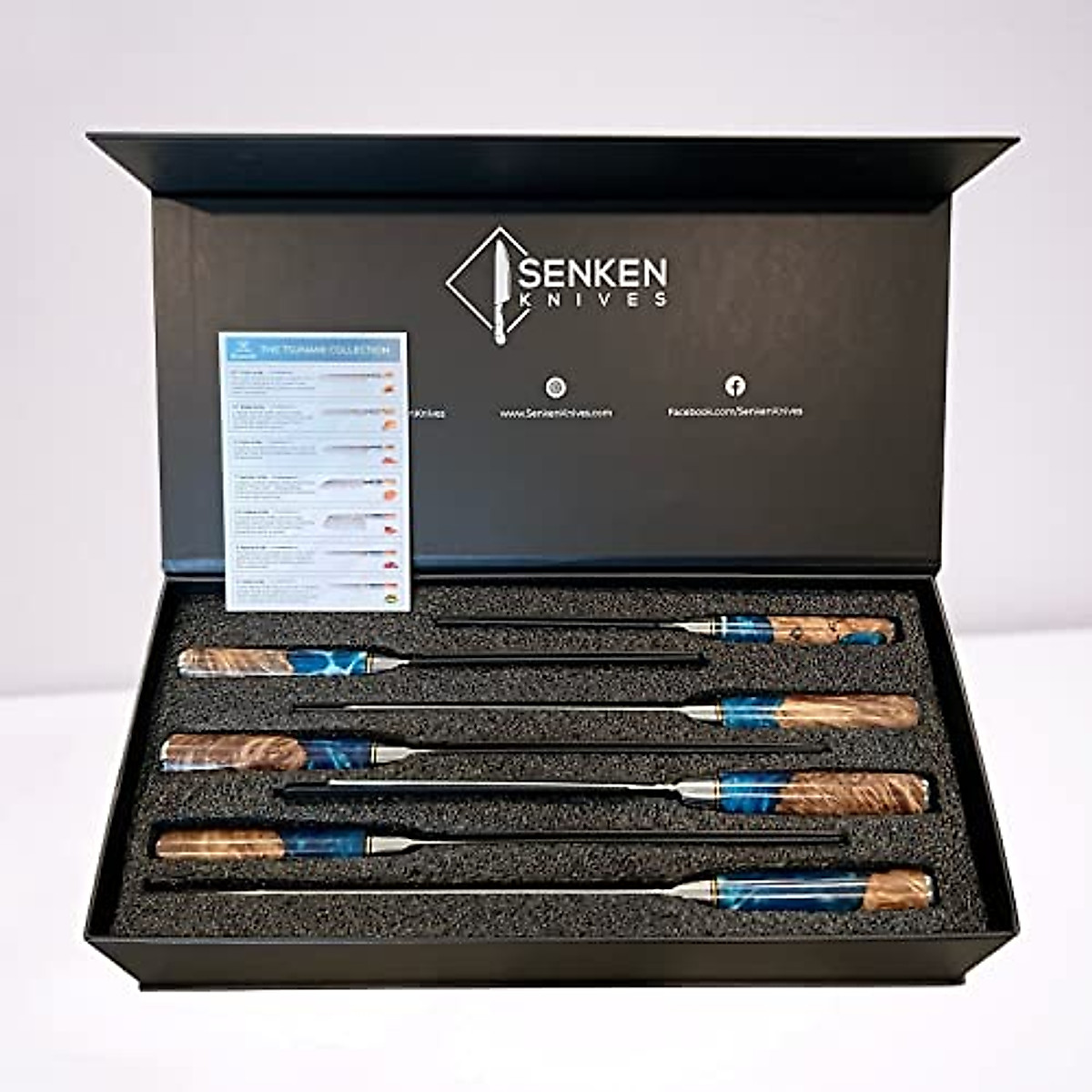 SENKEN 7-Piece Damascus Kitchen Knife Set - Tsunami Collection - 67-Layer Japanese VG10 Steel - Chef's Knife, Cleaver Knife, Bread Knife, Santoku Knife, Boning Knife, & More, Luxury Gift Box
