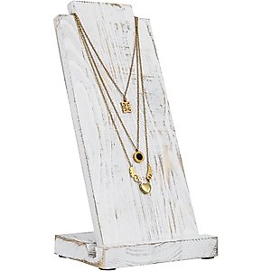 MyGift Shabby Chic White Washed Solid Wood Necklace Easel Stand with Detachable Board and Base, Tabletop Adjustable Bust Jewelry Holder for Retail Display