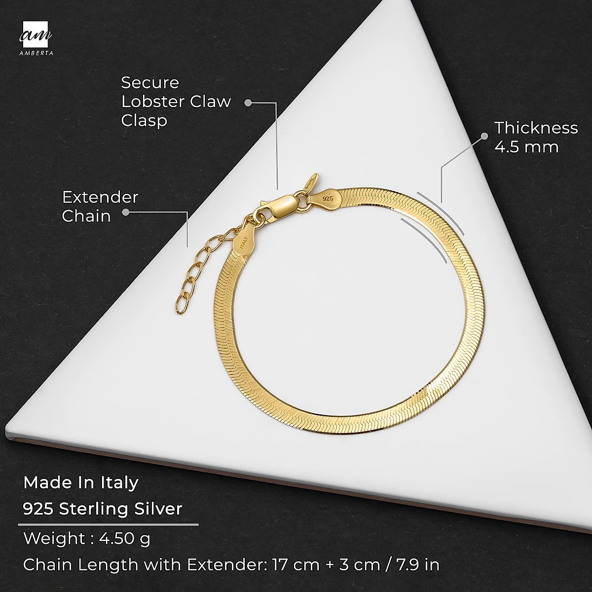 Amberta Women 925 Sterling Silver Flat Snake Bracelet: 4.5 mm Gold Plated Herringbone Bracelet 8 inch