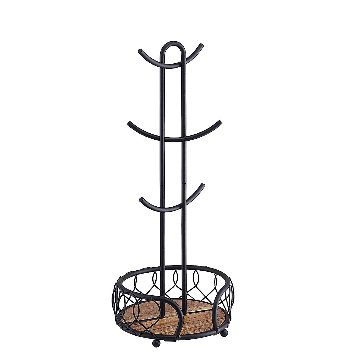 SunnyPoint Heavy Wire Gauge 6 Mug Tree Countertop Holder, Coffee Mugs and Tea Cup Storage Rack with Small Storage Area (Mat Black, 18.2 x 7 x 7 Inch)