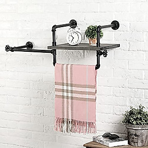 MyGift Industrial Garment Closet Hanging Organization System, Wall Mounted Black Metal Pipe Clothing Rod Rack with Weathered Gray Wood Display Shelf and Vintage Valve Accents