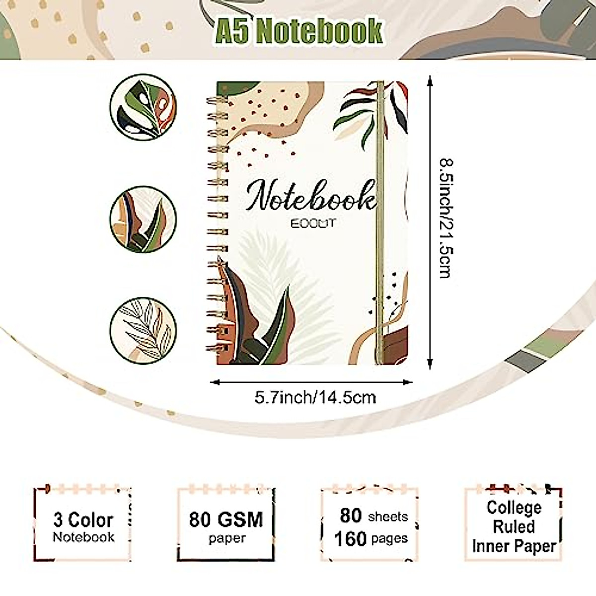 EOOUT Spiral Notebook, 3pcs, Aesthetic, For Women boho style, 8.5 x 5.7 Inches, College Ruled Notebook, With Pockets, Lined Pages A5 Size