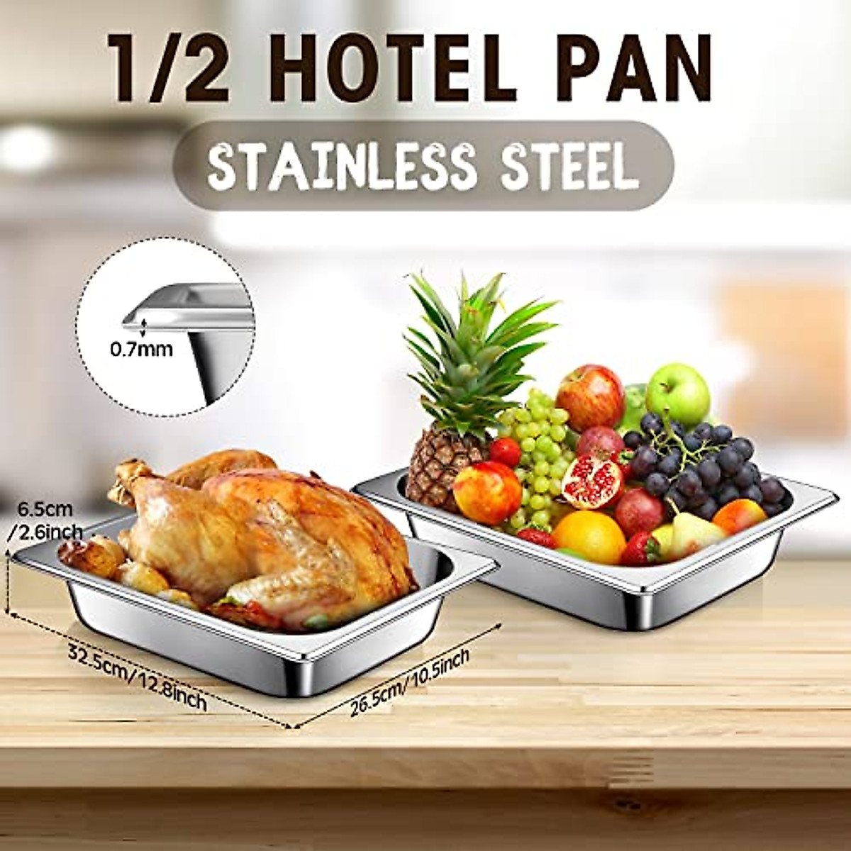 Baderke Stainless Steam Hotel Pans with Lids, 0.7 mm Thick 304 Stainless Steel Hotel Pan Anti Clogging Steam Table Pan for Food Warmer Cooking Heat, Multi Size (4 Pack, 1/2 Half Size x 2.5 Inch Deep)