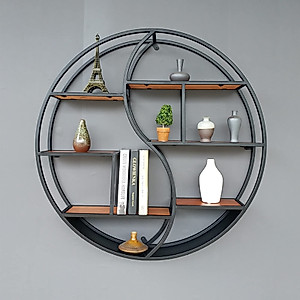Drsyffsup Round Wall Floating Shelves ，Industrial Metal Wall Decoration Storage Shelf with Wood Board,Display Wine Rack Flower Pot Stand for Bedroom Living Room (Size : 68x16x68cm)