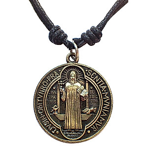 Bijoux de Ja Antique Bronze Saint Benedict of Nursia Medal Pendant Adjustable Cord Necklace 16"
