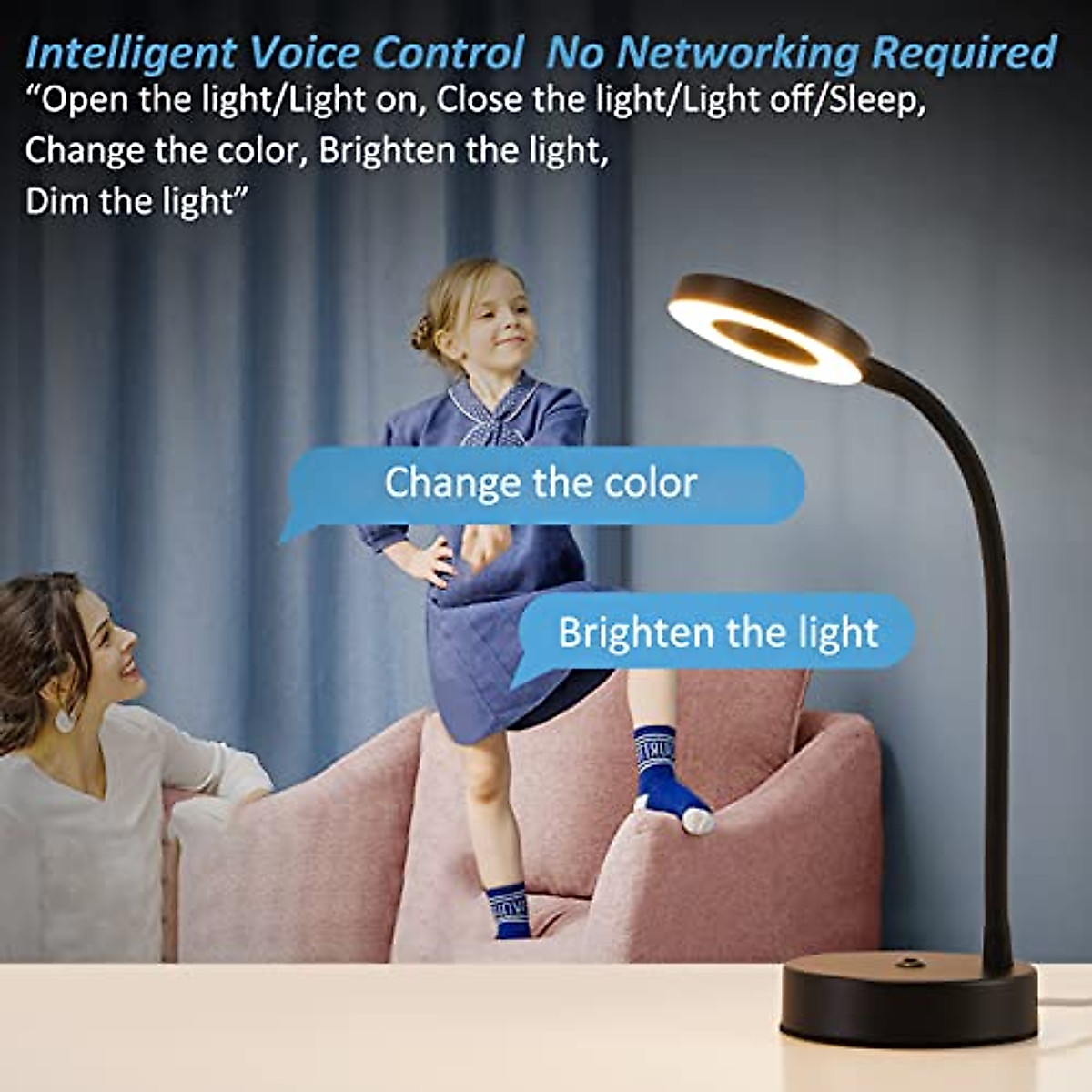 Chener Smart Voice Control Desk Lamp, Hand Free No Networking Required, Warm/Day/Cool White 3 Lighting 5 Brightness USB+AC Dimmable Desk Light, Eyes Care Flexible Gooseneck Table Lamp Night Light