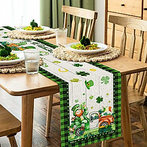 St Patricks Day Table Runner 72 Inch Long, St Patricks Leprechaun Gnomes Table Runner, Shamrocks Green Truck Decorations for Home Dining Room