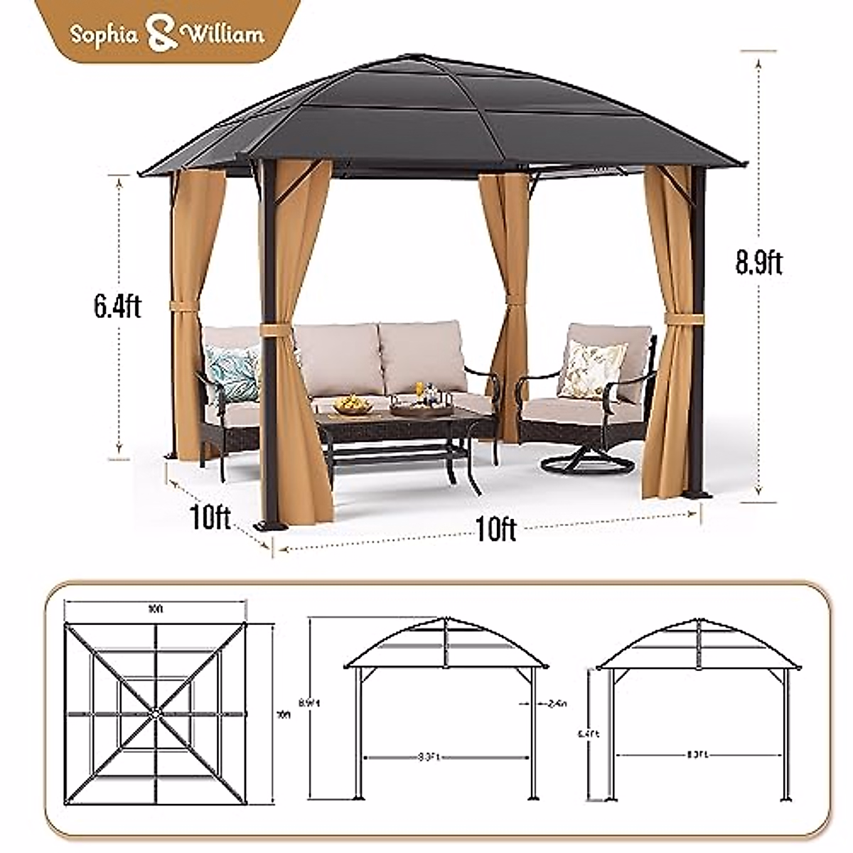 Sophia & William10' x 10' Hardtop Gazebo Galvanized Steel & Aluminum Frame, Curved Roof Outdoor Canopy Tent Shelter with Mosquito Net and Curtains for Patio Yard Garden Party