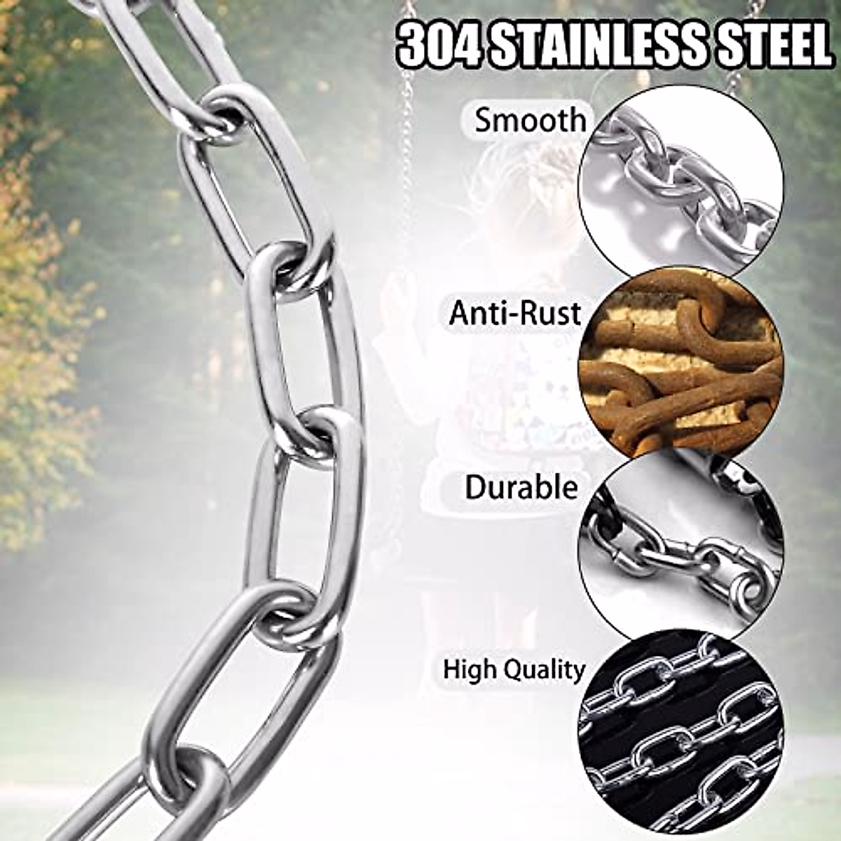 1/4” Hanging Link Chain, 6.56 Feet 304 Stainless Steel Link, 78.7 Inch Hanging Chains, 1300lb Capacity Heavy Duty Chains Hanging Kits for Swing Chairs, Hammocks, Rope, Punching Bags Outdoor/Indoor