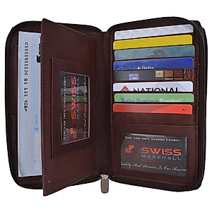 Swiss Marshall Womens Wallet Genuine Leather Double Zip Around Phone Clutch Large Travel Purse Ladies Wallet (Brown)