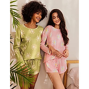 Ekouaer Women 2 Piece Waffle Set Long Sleeve Floral Knit Pullover Top and Knitted Shorts Suit Spring Outfits Pink Daisy Flower