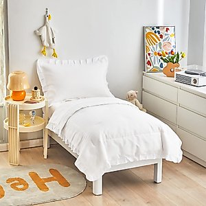 4 Pieces White Toddler Bedding Set with Ruffle Fringe, Solid Color Toddler Bed Set - 1 Toddler Comforter + 1 Fitted Sheet +1 Flat Sheet +1 Pillowcase for Baby Boys and Girls
