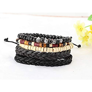 MILACOLATO 26Pcs Woven Braided Leather Bracelet for Men Women Hemp Cords Wood Beads Cuff Bracelets Adjustable Black