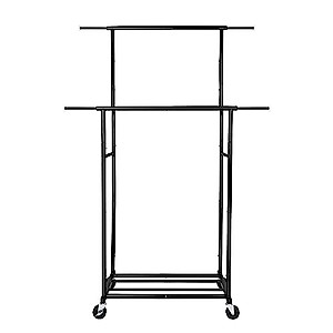 Fishat Simple Standard Freestanding Double Rod Clothing Metal Garment Rack for Hanging Clothes, Rolling Clothes Organizer on Lockable Wheels Mobile, with 2 Hooks (Black)