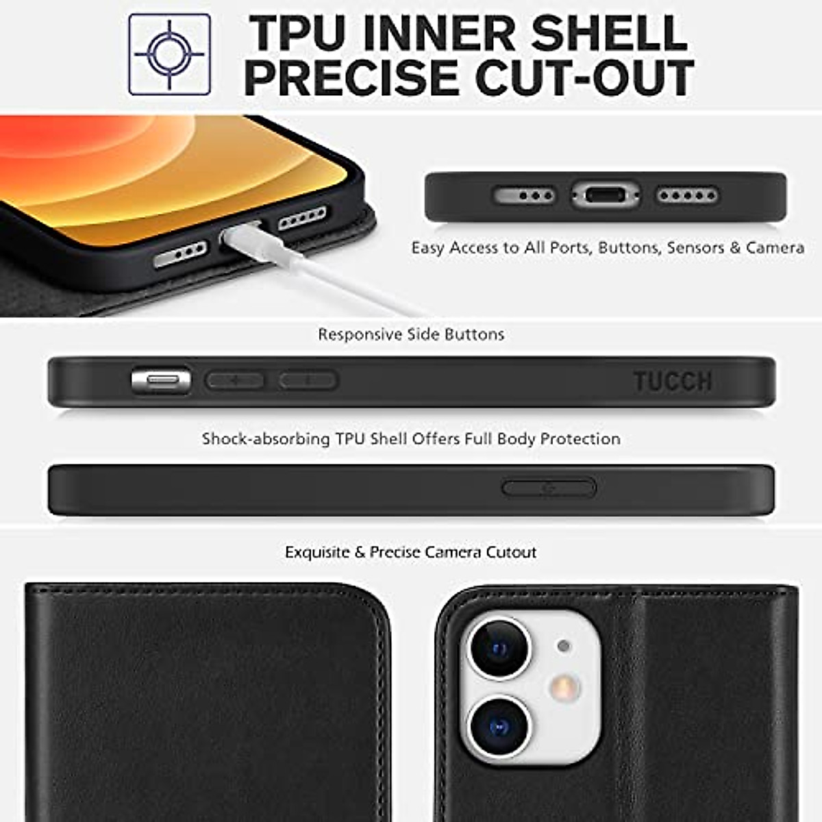 TUCCH Wallet Case for iPhone 12 Pro/iPhone 12 5G, Premium PU Leather Flip Folio Cover with Card Slot, Stand Book Design [Shockproof TPU Interior Case] Compatible with iPhone 12/12 Pro 6.1-inch, Black