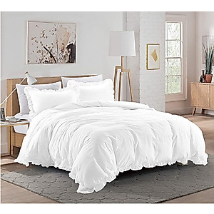 100% Cotton 600 Thread Count 3 Piece Frilled Duvet Set, 1 Piece Edge Ruffle Frilled Duvet Cover With Zipper Closure & Corner Ties And 2 Pillow Cover (King/California King Size, White)