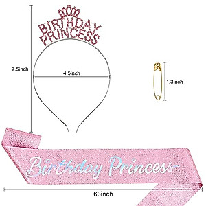 Ondder Birthday Sash for Women Pink Birthday Princess Crown Birthday Tiara for Girls Birthday Girl Headband Happy Birthday Party Supplies Birthday Girl Glitter Sash Birthday Headband Birthday Decorations
