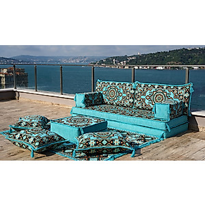 Turquoise Arabic Living Room, Moroccan Home Decor, Floor Cushion, Arabic Floor Couch, Turkish Floor Sofa, Ethnic Sofa, Arabic Sofa Seating (Sofa Full Set)