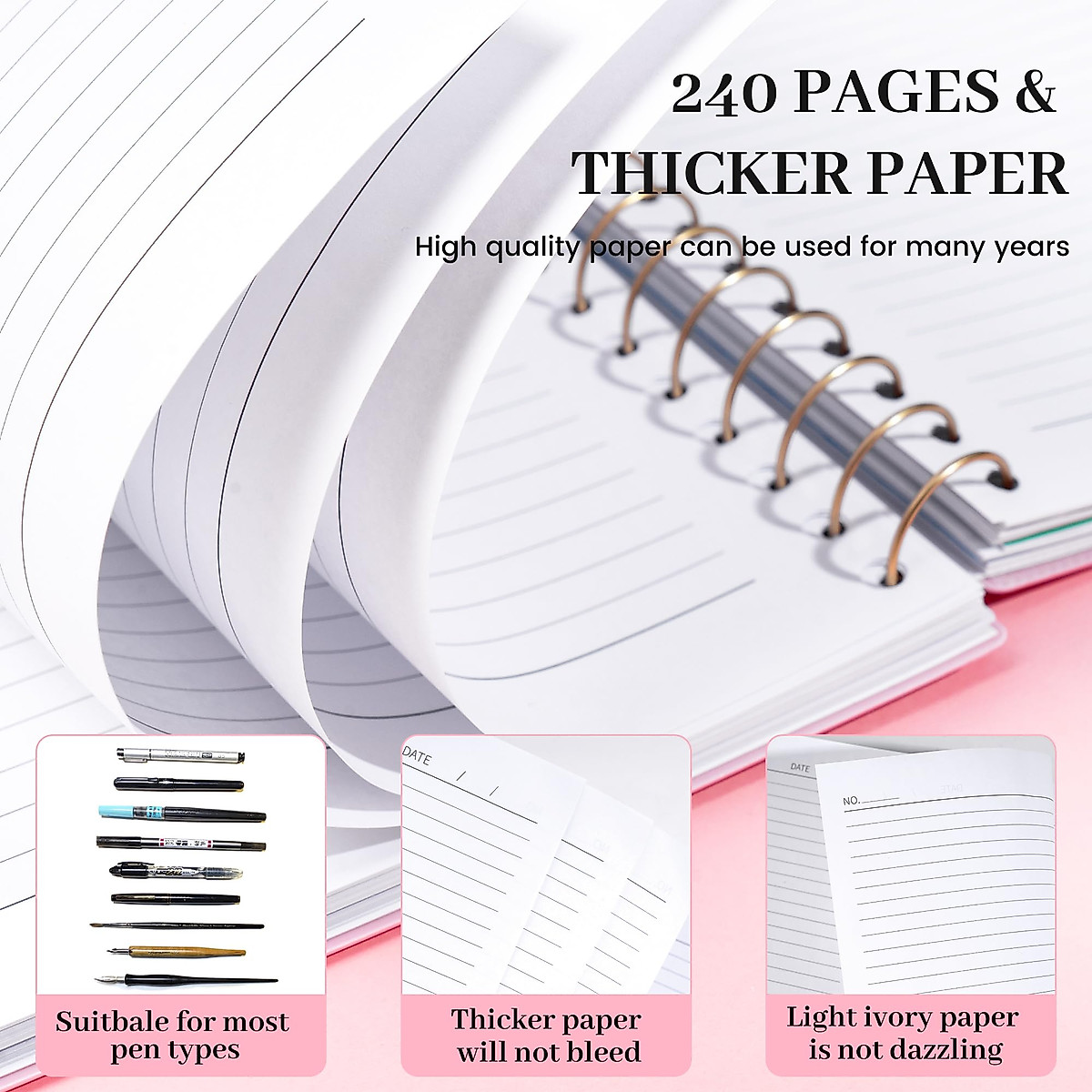 CAGIE 5 Subject Notebook College Ruled with Removable Tabs, 8.5'' x 11'' Lined Spiral Journals Notebook for Women Men Writing, Notebooks for Work Note Taking School Supplies, Pink