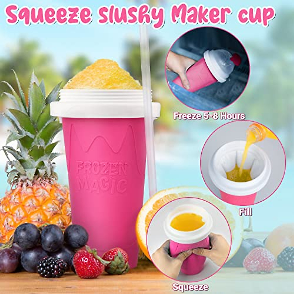 Slushie Maker Cup,FUROLD DIY Slushies Cup Frozen Magic Squeeze Cup Slush Cup Smoothies Double Layers , Homemade Slushie Machine w/ Straw and Spoon, Ice Cream Maker Cool Stuff Birthday Gifts for Kids(Blue+Pink)