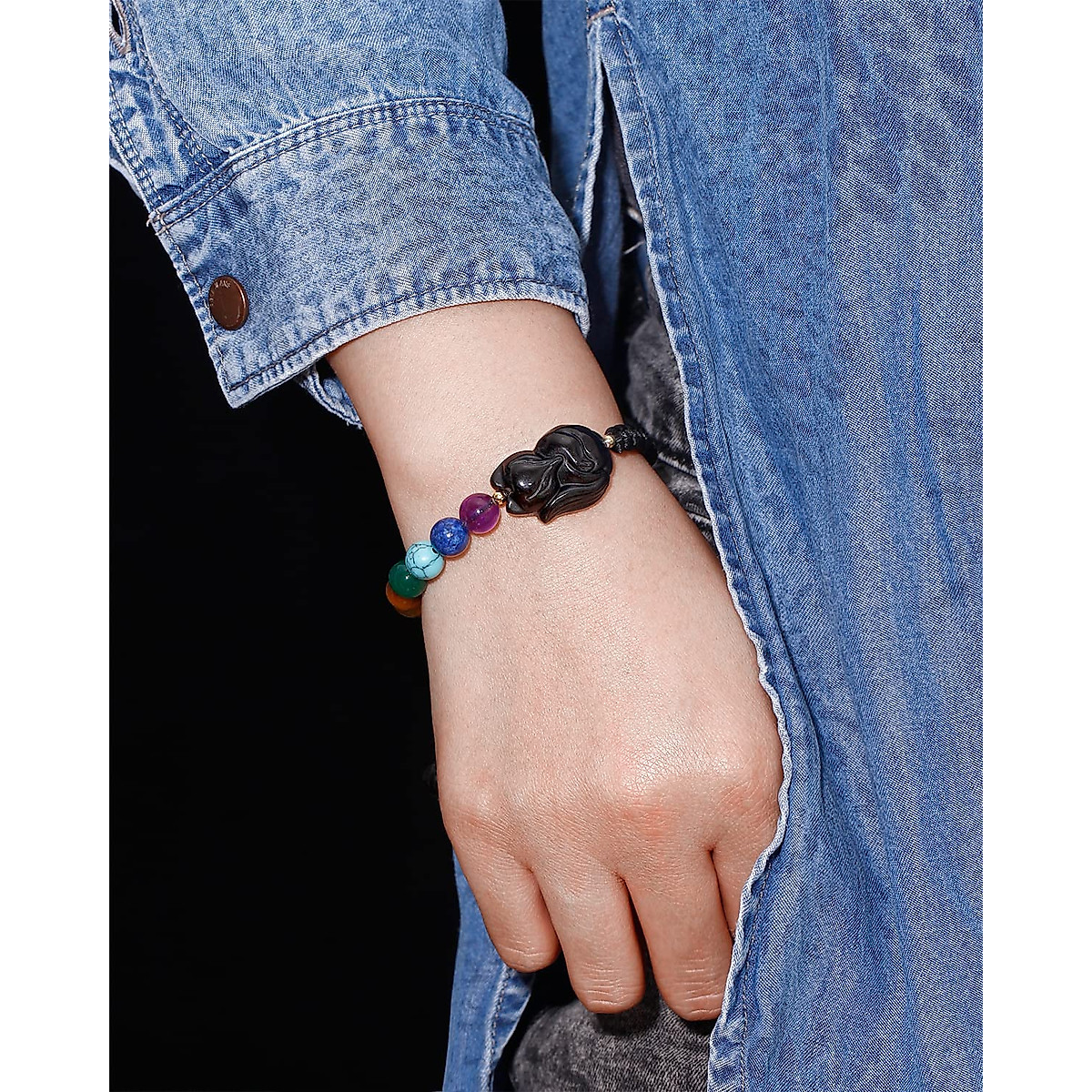 Jewever 7 Chakra Bracelet for Women Fox Black Obsidian Crystals and Gemstones Braided Rope Natural Stone Yoga Meditation Beads Bangle