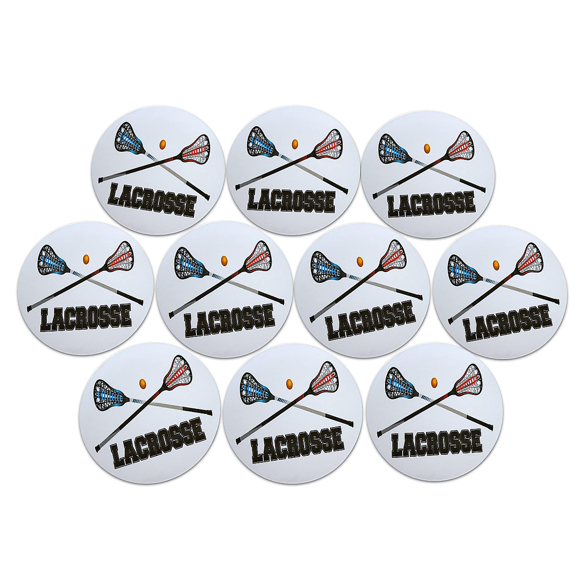 Novel Merk Lacrosse Refrigerator Magnets, Circle with Ball, Crosse Sticks, & Text for Gifts, Decor, Party Favors, & Prizes (10), Black White Red Blue, (jsfdj334)
