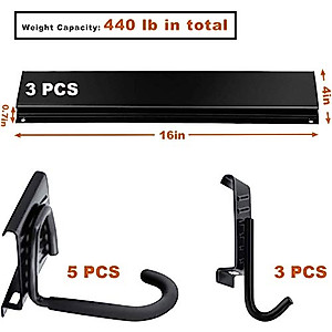 Wallmaster 15 PCS Tool Storage Rack Garage Storage Wall Mount & Garage Storage 5 Bicycles Hooks 3 Rails