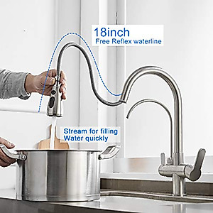 MENATT Filter Kitchen Faucet with Drinking Water Faucet, High Arc Pull Down 3-Way Kitchen Faucet, 3 in 1 Sink Cold and Hot Mixer Tap (Brushed Nickel)
