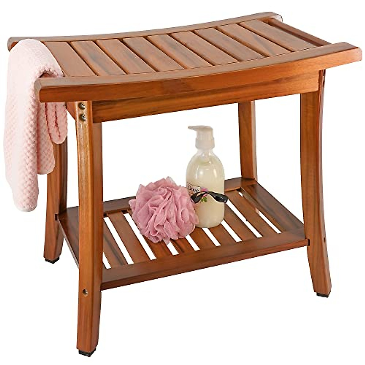 Utoplike Teak Shower Bench Seat with Handles, Portable Wooden Spa Bathing Stool with Storage Towel Shelf, 22" x 13" x 18.6",Waterproof,Perfect for Indoor and Outdoor Use