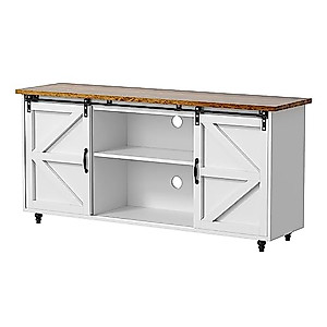 HOMBCK Farmhouse Coffee Bar Cabinet, Sideboard Buffet Cabinet with Storage, White Coffee Bar Kitchen Storage Cabinet with Sliding Barn Doors, Sideboard Cabinet for Living Room, Entryway, White