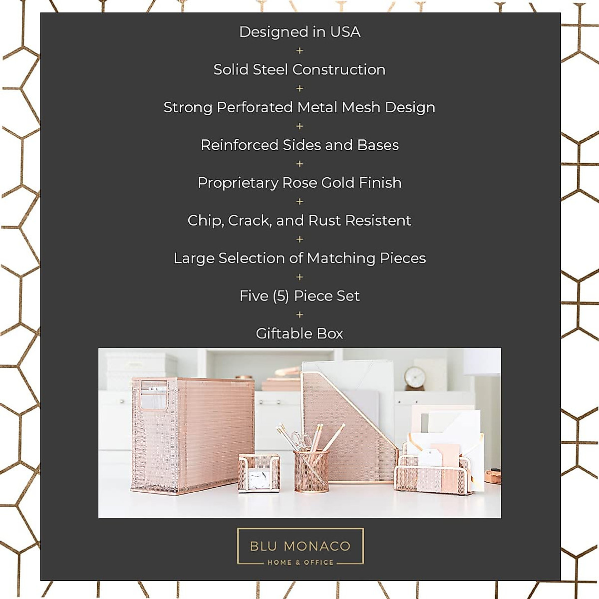 BLU MONACO 5 Piece Cute Office Supplies Rose Gold Desk Organizer Set - with Desktop Hanging File Organizer, Magazine Holder, Pen Cup, Sticky Note Holder, Letter sorter - Rose Gold Desk Accessories