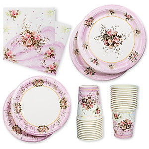 ROYAL BLUEBONNET Paper Plates and Napkins Set, Floral Design, 24 Pieces, Pink, Spring, Disposable Party Supplies