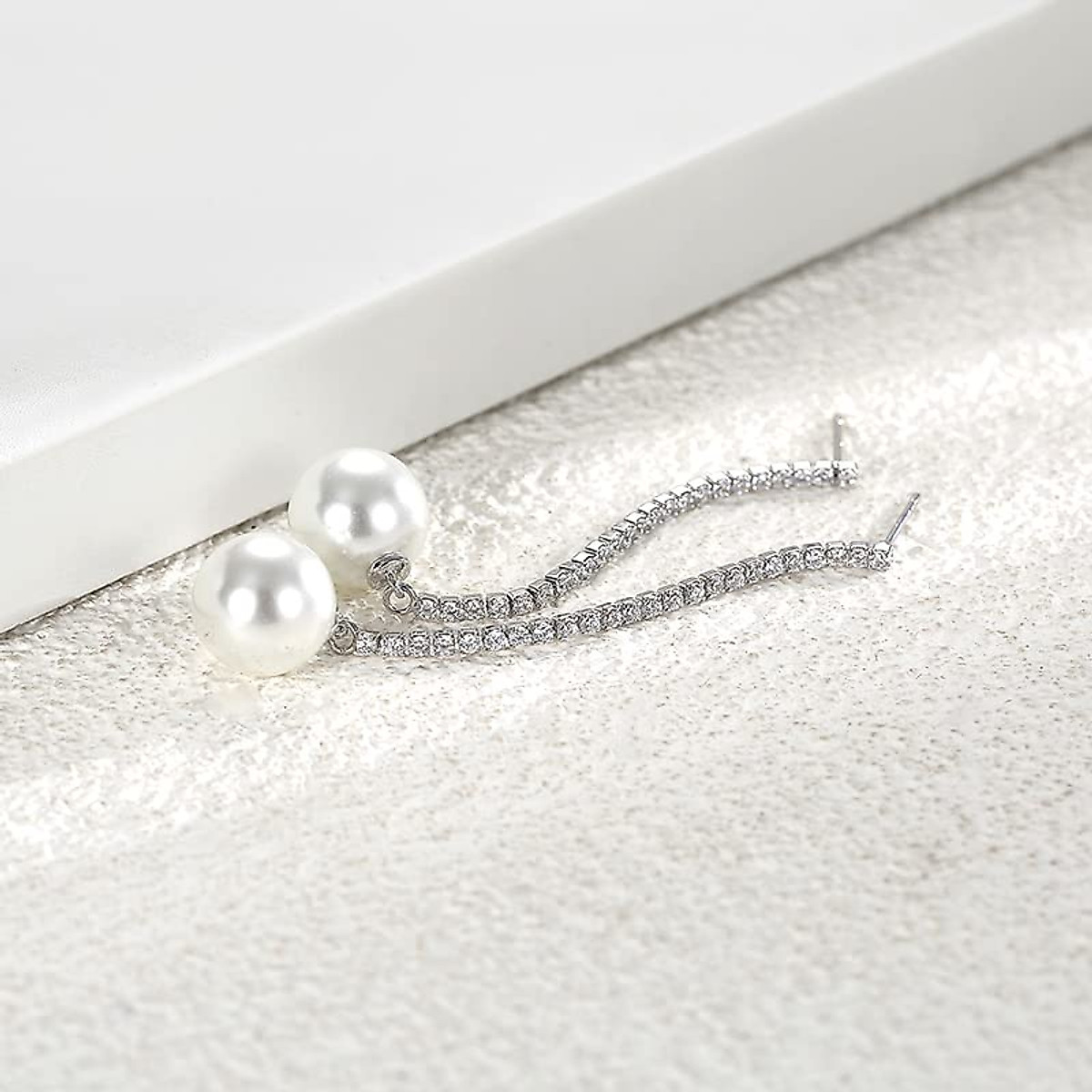 14K Gold Freshwater Cultured Pearl Dangle Earrings for Women,Long Chain Gold and Moissanite Drop Earrings,Fashion Jewelry Gift for Her (White Gold, 14K Gold)