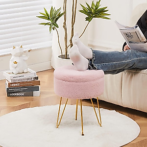 Cplxroc ottomans Round Faux Fur Ottoman with Storage Footstools Vanity Chair Coffee Table Ottoman for Living Room (Pink)