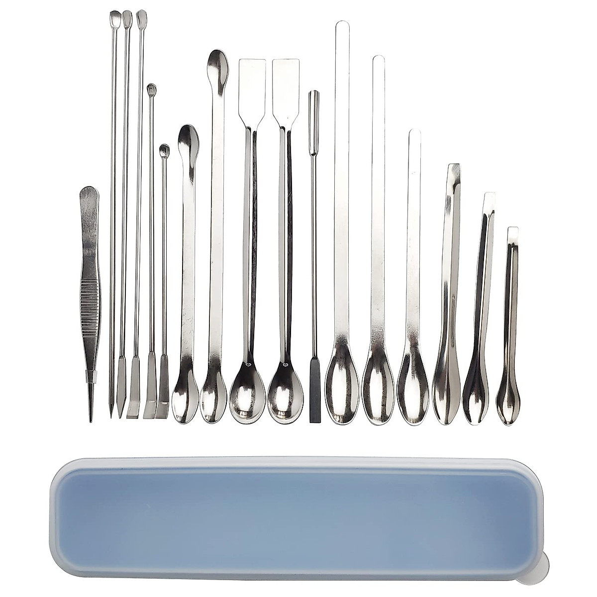 JENSWILL 17 Pieces Stainless Steel Lab Spatula Micro Scoop Tweezers Kit Laboratory Sampling Spoon Mixing Spatula for Gel Cap Filler Reagent Powders with Box