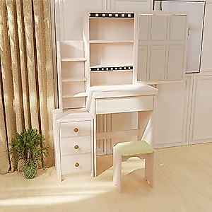 Susici Modern Makeup Vanity Table with Adjustable Lighted Mirror,Dressing Table Set with High Capacity Storage Drawers Shelves&Cushioned Stool,Vanity for Bedroom (Sliding Square Mirror2, 31.5x14x51)