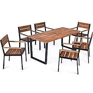 Tangkula 7 Pieces Patented Wood Patio Dining Set with Umbrella Hole, 6 Heavy Duty Acacia Armrest Chairs and Rectangle Table Set, Suitable for Deck Lawn Garden Poolside and Backyard