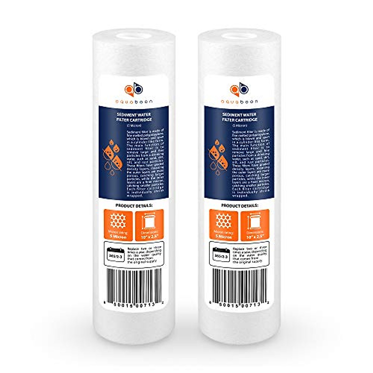 Aquaboon 2-Pack of 5 Micron 10" x 2.5" Sediment Water Filter Replacement Cartridge for Any Standard RO Unit | Whole House Sediment Filtration | Compatible with DuPont WFPFC5002, Pentek DGD series, RFC