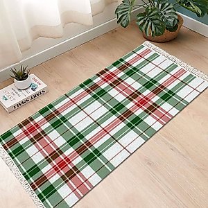 DGAIER Boho Area Rug Red White and Green Tartan Plaid Scottish Seamless Christmas and Play Mat Runner Carpet Minimalist Room Decor Indoor Outdoor Woven Rug Entryway Laundry Room Bedroom Rug 3x5'
