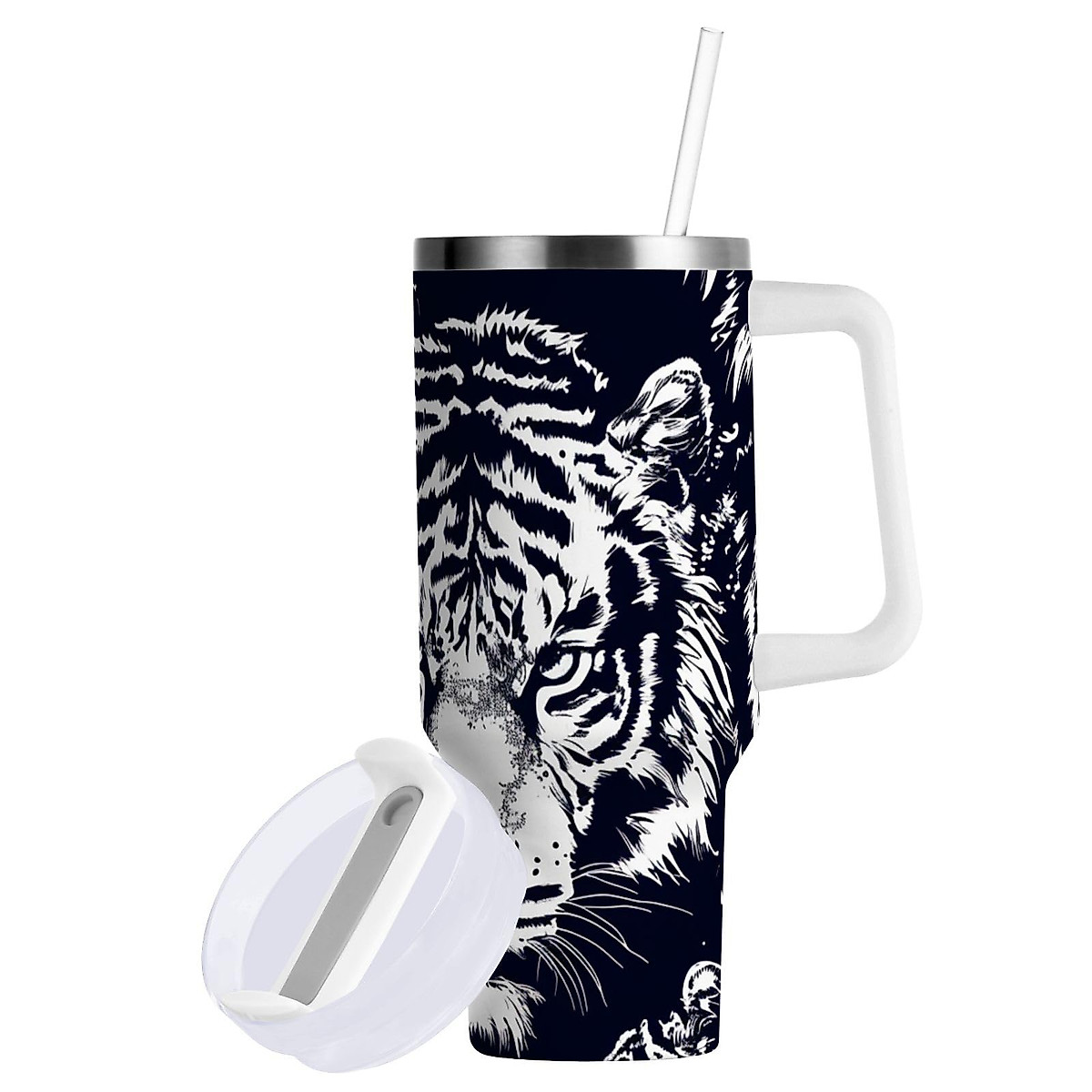 ALAZA White Tiger Portrait 40 oz Tumbler Stainless Steel Water Bottle Vacuum Insulated Cup with Straw Lid & Handle For Travel Car Cup Holder