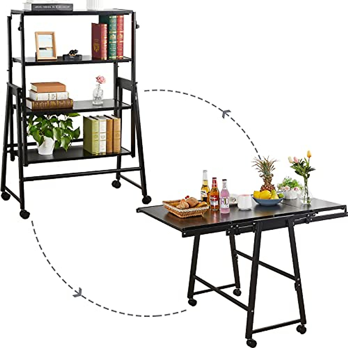 2-in-1 Convertible Shelf to Table with Wheels, Space Saving Storage Shelf or Dining Table, 4 Tier Shelving Unit Industrial Bookcase for Small Spaces, Kitchen, Dining Room and Living Room, Black