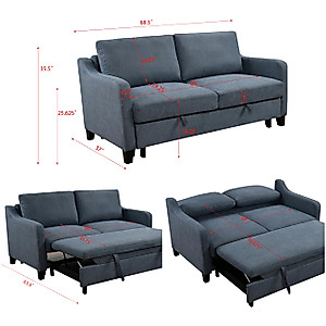 ZIGHTH 69'' Convertible Queen Size Sleeper Sofa Bed, Modern Linen Loveseat Sofa Couch with Pull Out Bed and Adjustable Backrest for Living Room. Blue